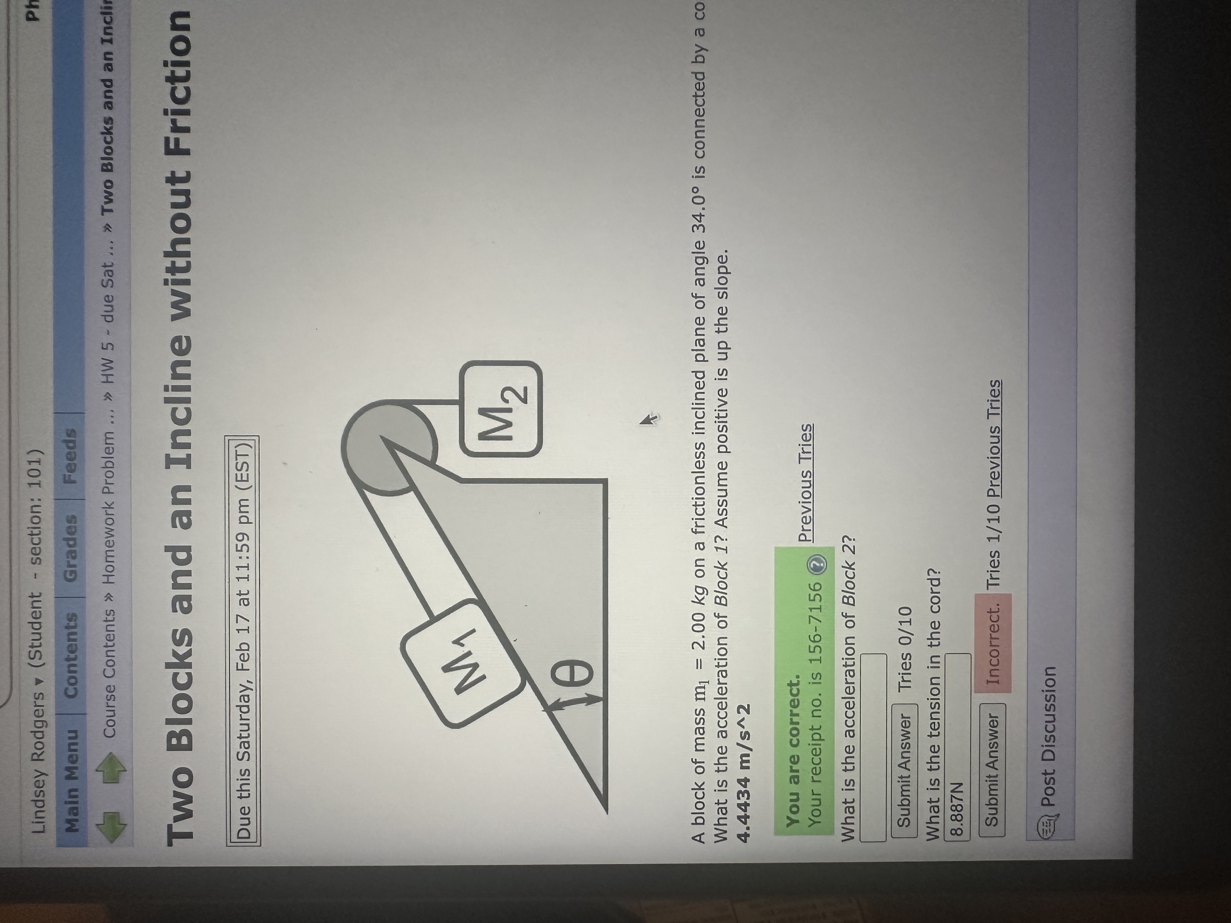 A block of mass m1 = 2.00 ﻿kg on a frictionless | Chegg.com