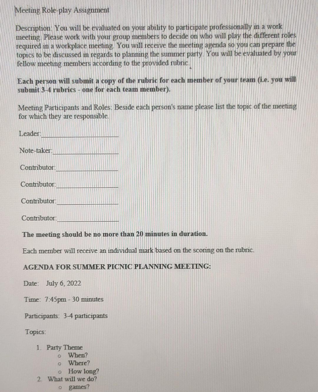 Solved Meeting Role-play Assignment Description: You will be | Chegg.com