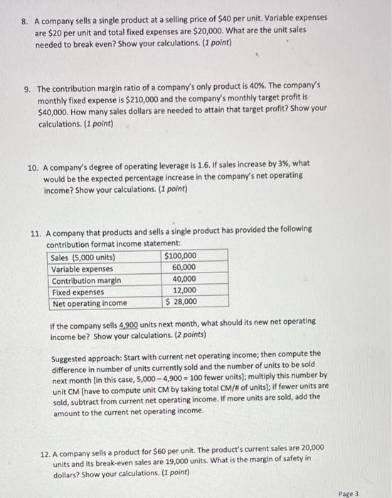 Solved 8. A company sells a single product at a selling | Chegg.com