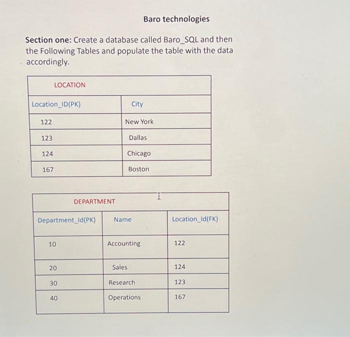 Section one: Create a database called Baro_SQL and | Chegg.com