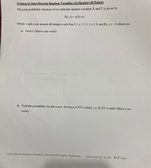 Solved Problem #3 Joint Discrete Random Variables | Chegg.com