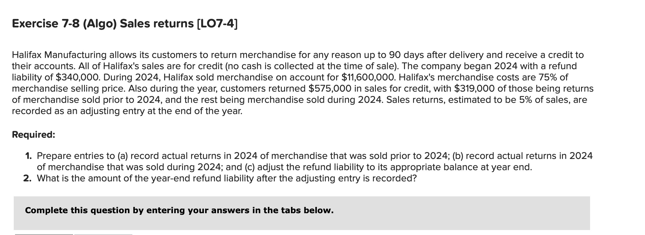 Solved Exercise 7-8 (Algo) ﻿Sales returns [LO7-4]Halifax | Chegg.com