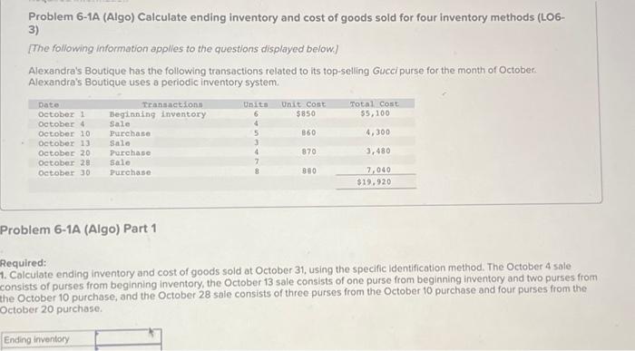 Solved Problem 6-1A (Algo) Calculate ending inventory and | Chegg.com
