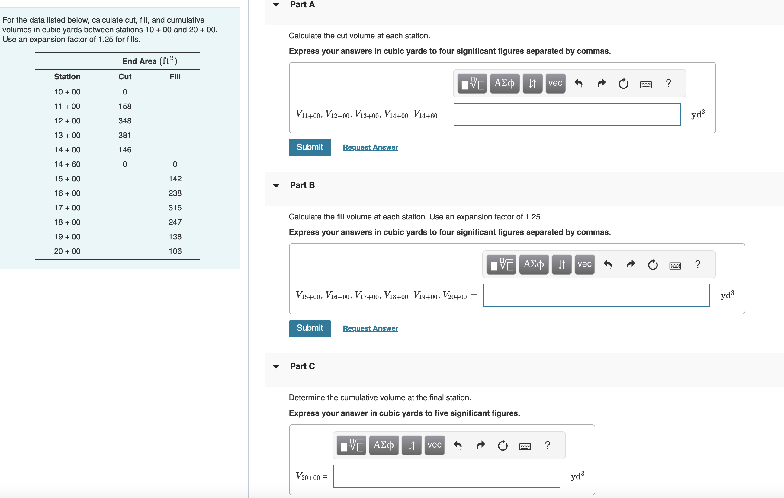Solved For the data listed below, calculate cut, fill, and | Chegg.com