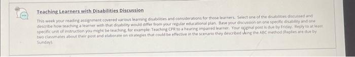 Solved Teaching Learners with Disabilities Discussion This | Chegg.com