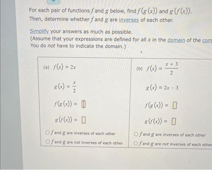 Solved For each pair of functions f and g below, find | Chegg.com