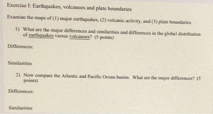 Exercise I: Earthquakes, volcanoes and plate | Chegg.com