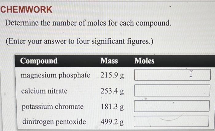 Solved CHEMWORK Determine the number of moles for each | Chegg.com