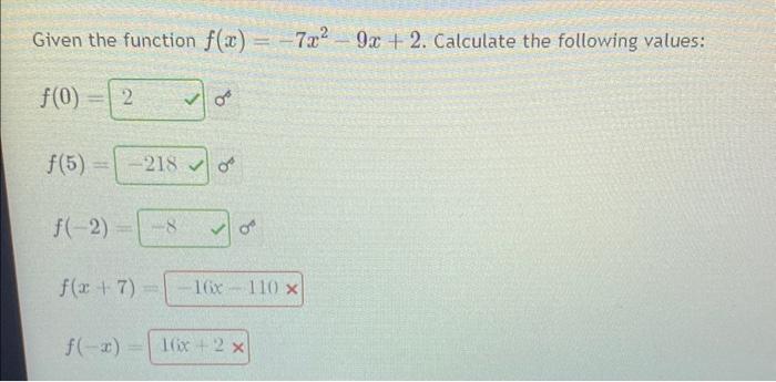 Solved Given the function f(x)=−7x2−9x+2. Calculate the | Chegg.com