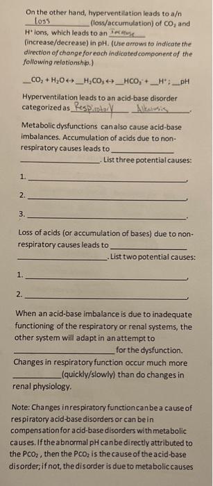 Solved On the other hand, hyperventilation leads to a/n los5 | Chegg.com