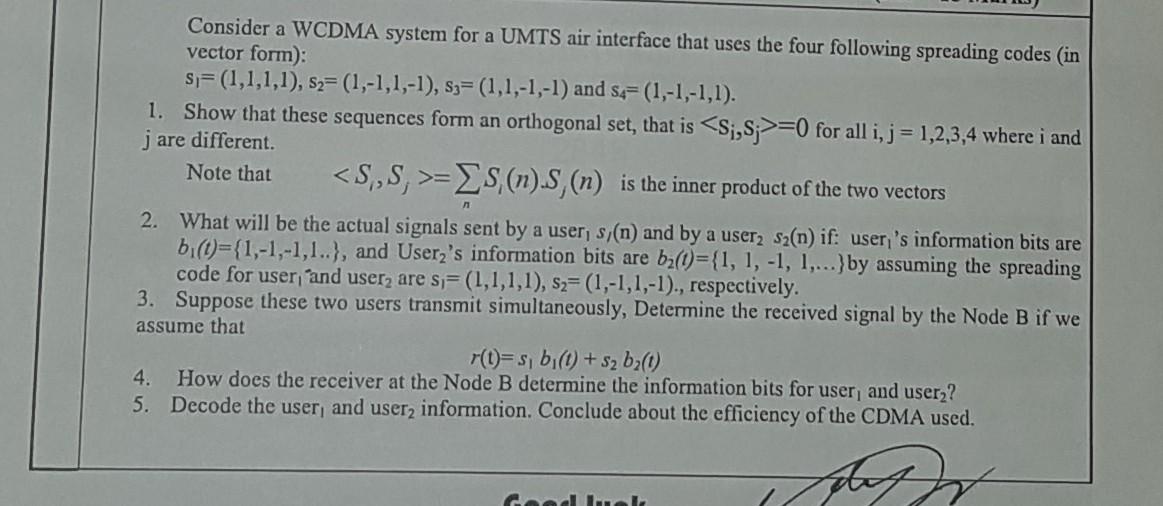 Consider a WCDMA system for a UMTS air interface that | Chegg.com