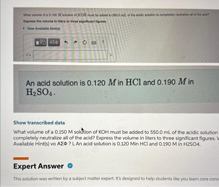 Solved What volume of a 0.150M solution of KOH must be added | Chegg.com