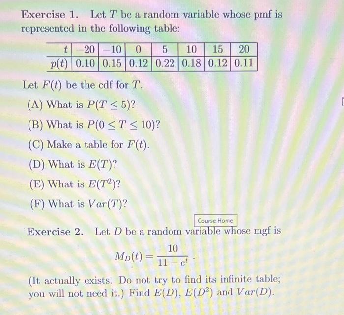 Solved Exercise 1. Let T be a random variable whose pmf is | Chegg.com Solved Exercise 1. Let T be a random variable whose pmf is | Chegg.com