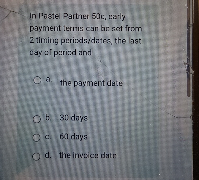 Solved In Pastel Partner 50c, ﻿early payment terms can be | Chegg.com