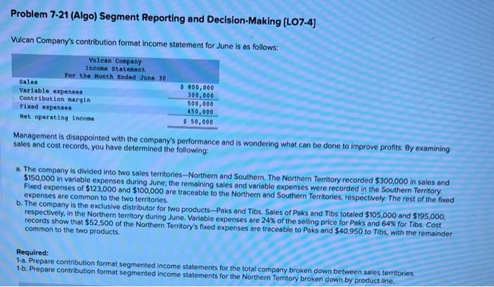 Solved Problem 7-21 (Algo) Segment Reporting and | Chegg.com
