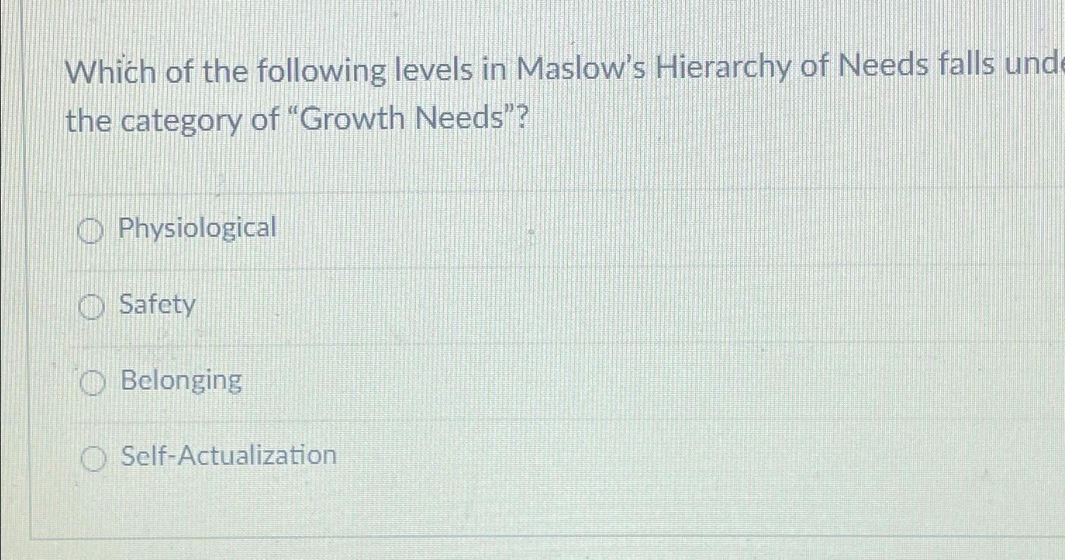 Solved Which of the following levels in Maslow's Hierarchy | Chegg.com