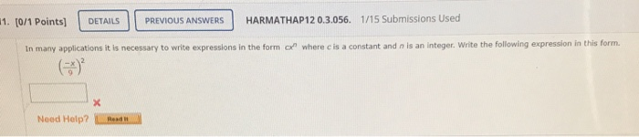 Solved 11. O/1 Points) DETAILS PREVIOUS ANSWERS HARMATHAP12 | Chegg.com Solved 11. O/1 Points) DETAILS PREVIOUS ANSWERS HARMATHAP12 | Chegg.com