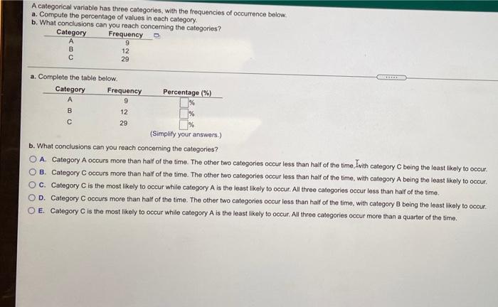 Solved A categorical variable has three categories, with the | Chegg.com