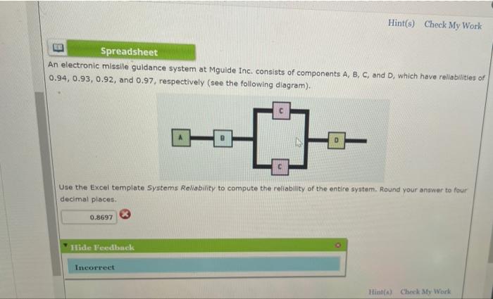 Solved Hint(s) Check My Work Spreadsheet An electronic | Chegg.com
