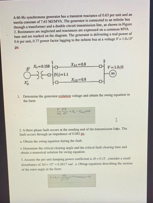 Solved A 60-Hz synchronous generator has a transient | Chegg.com