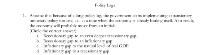Solved Policy Lags 1. Assume that because of a long policy | Chegg.com