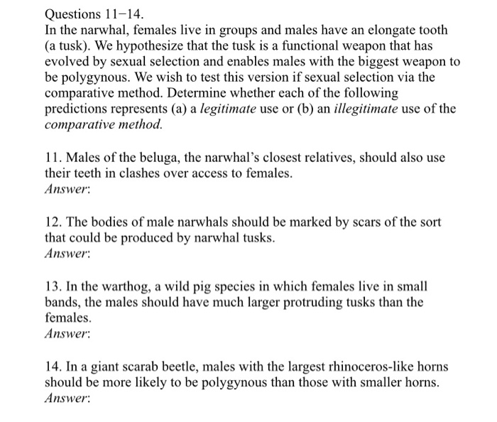Solved Questions 11-14. In the narwhal, females live in | Chegg.com