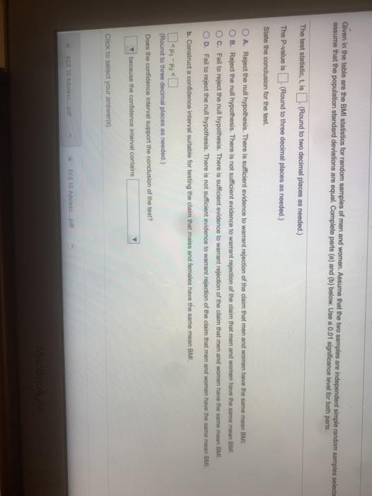 Solved Male BM Female BM Given in the were the statistics | Chegg.com