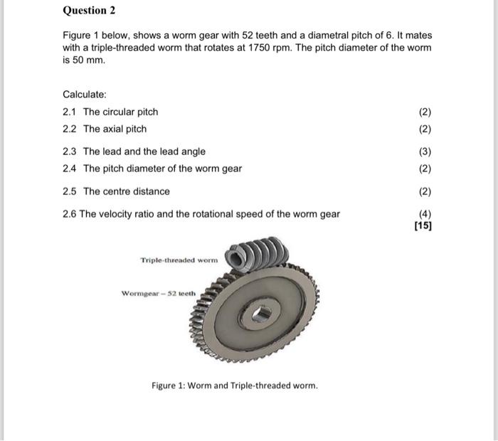 Solved Question 2 Figure 1 below, shows a worm gear with 52 | Chegg.com