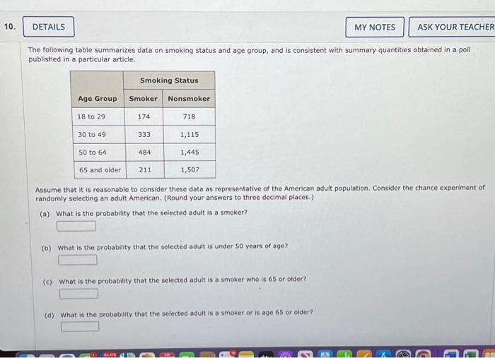 Solved The following table summarizes data on smoking status | Chegg.com