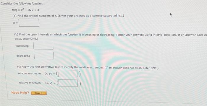 Solved Consider the following function. f(x)=x4−32x+3 (a) | Chegg.com