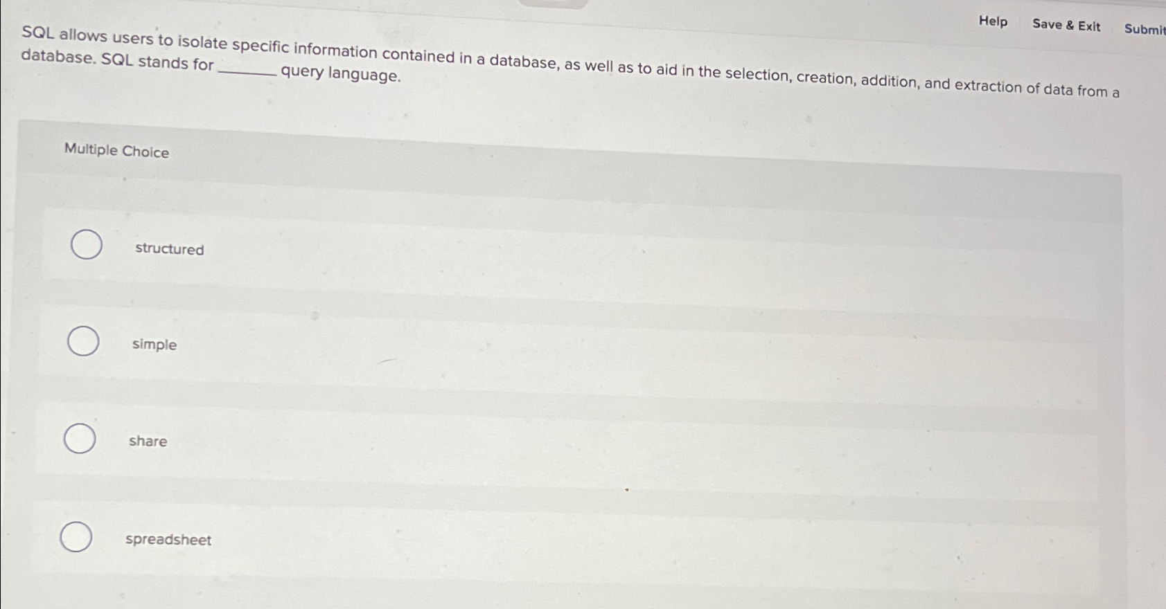 Solved HelpSave & ExitSubmitSQL allows users to isolate | Chegg.com