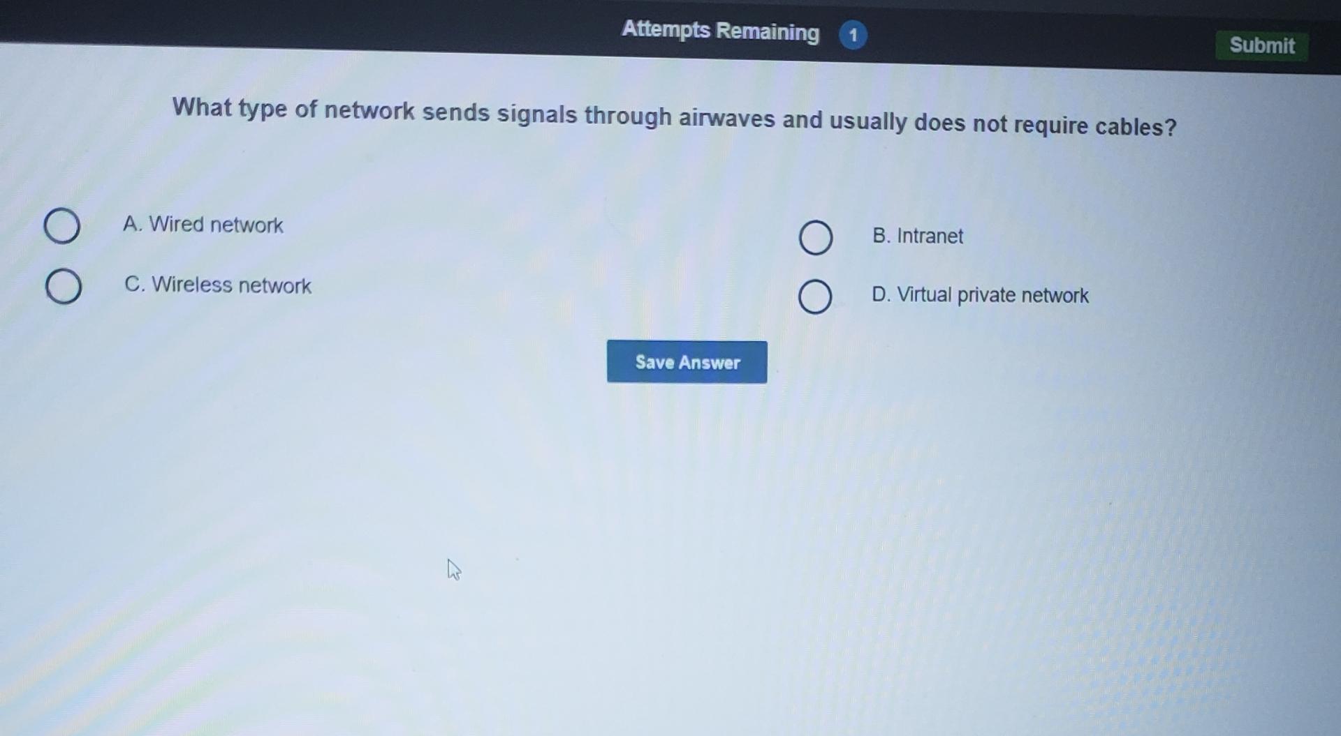 Solved Attempts Remaining1What type of network sends signals | Chegg.com