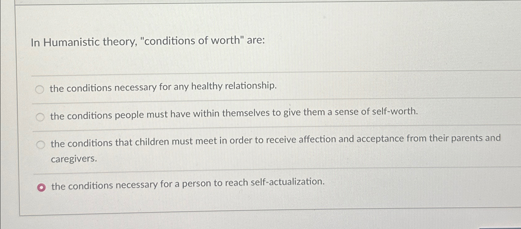 Solved In Humanistic theory, "conditions of worth" are:q,the | Chegg.com