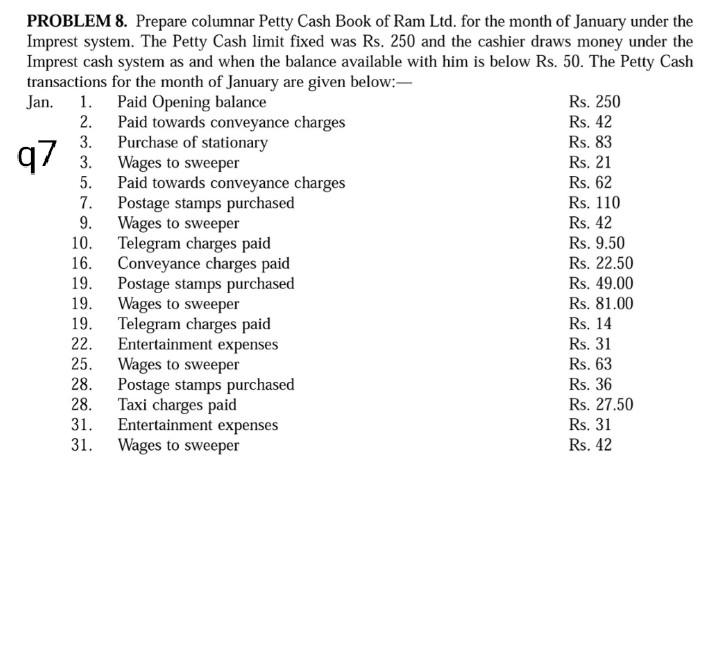 Solved q7 3. PROBLEM 8. Prepare columnar Petty Cash Book of | Chegg.com