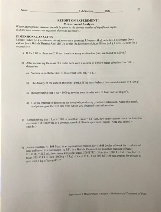 Solved Name Lab Section Date Report On Experiment 1