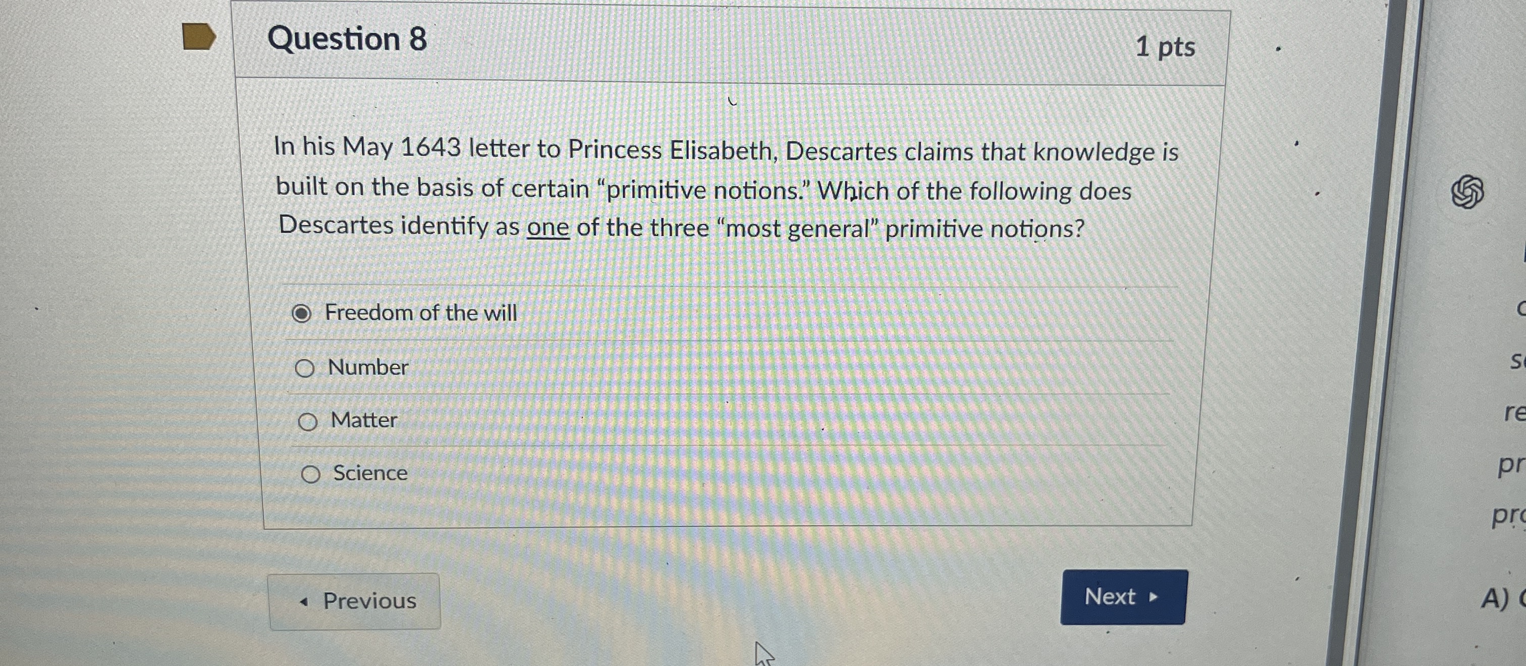 Solved Question 81 ﻿ptsIn his May 1643 ﻿letter to Princess | Chegg.com