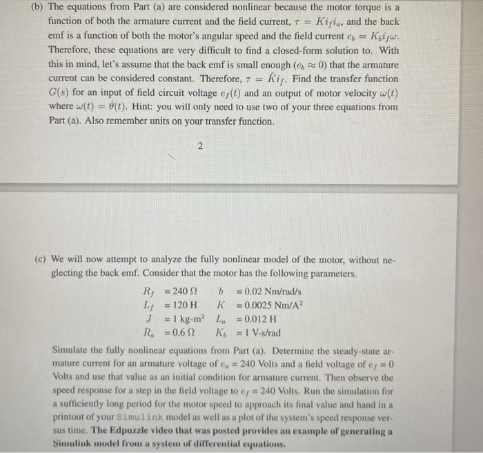 Solved 2. (40 points) Consider the field-controlled DC motor | Chegg.com