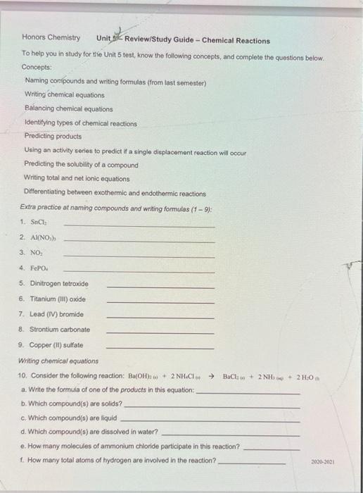 Solved Honors Chemistry Unit Review/Study Guide - Chemical | Chegg.com