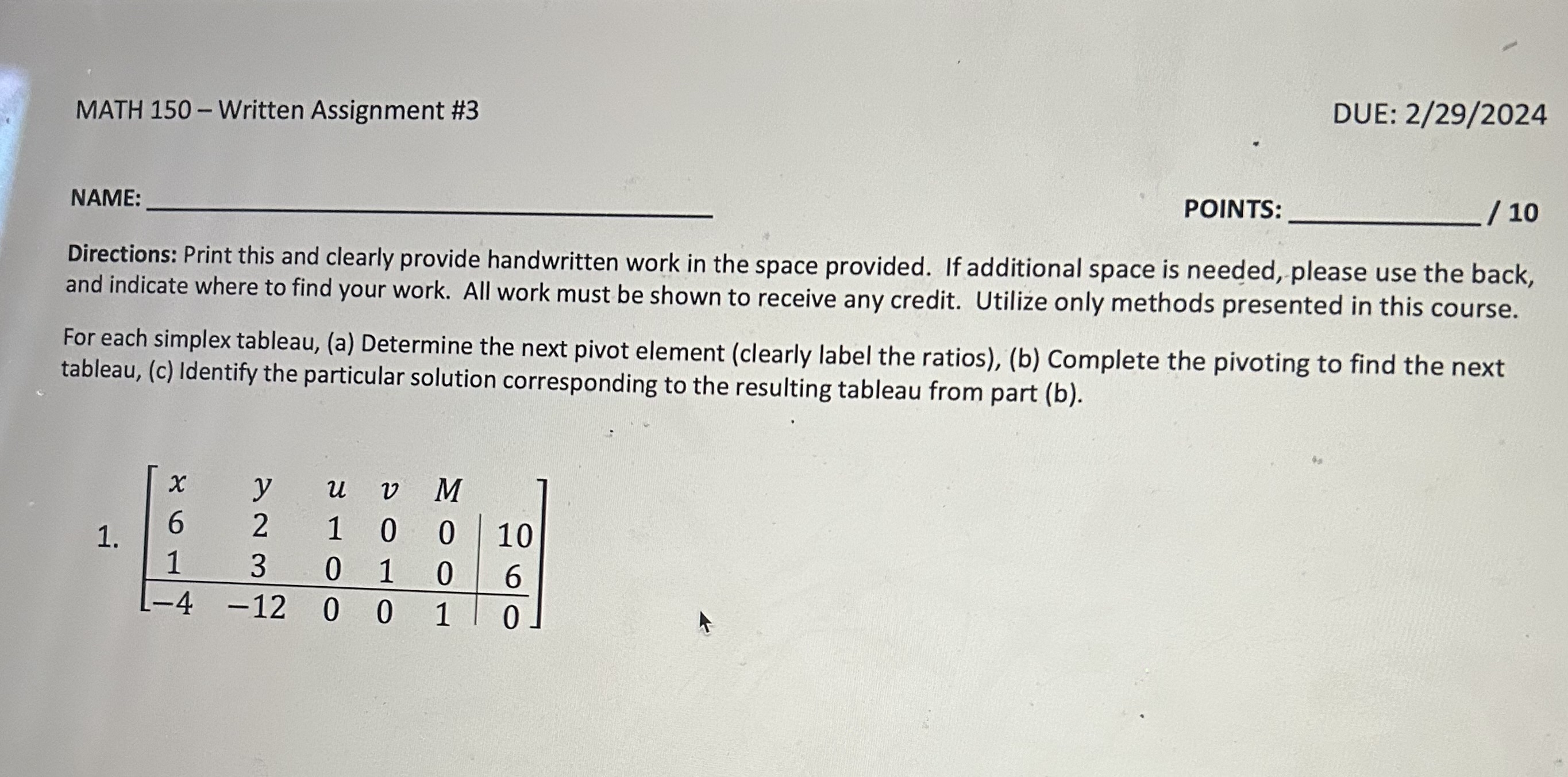 Solved NAME:POINTS:Directions: Print this and clearly | Chegg.com