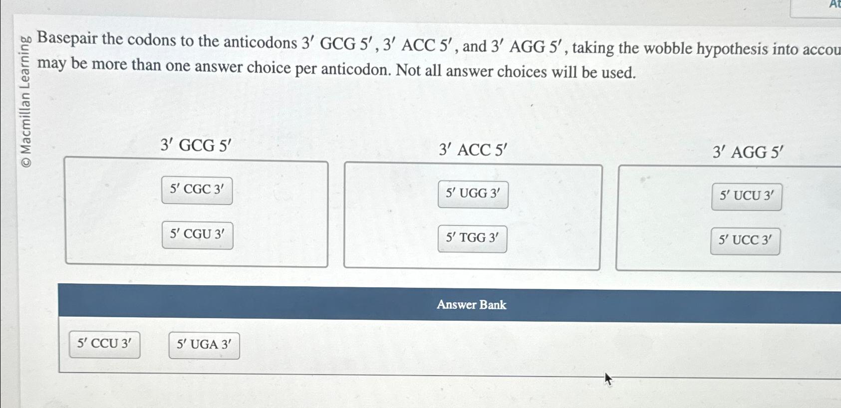 Solved Basepair the codons to the anticodons | Chegg.com