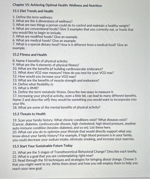 Solved Chapter 15: Achieving Optimal Health: Wellness and | Chegg.com