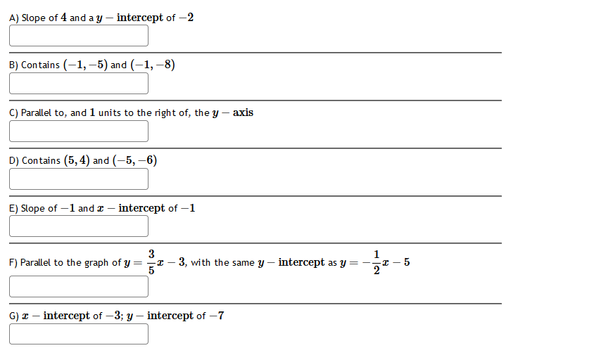 Solved A) ﻿Slope of 4 ﻿and a y-intercept of -2B) ﻿Contains | Chegg.com