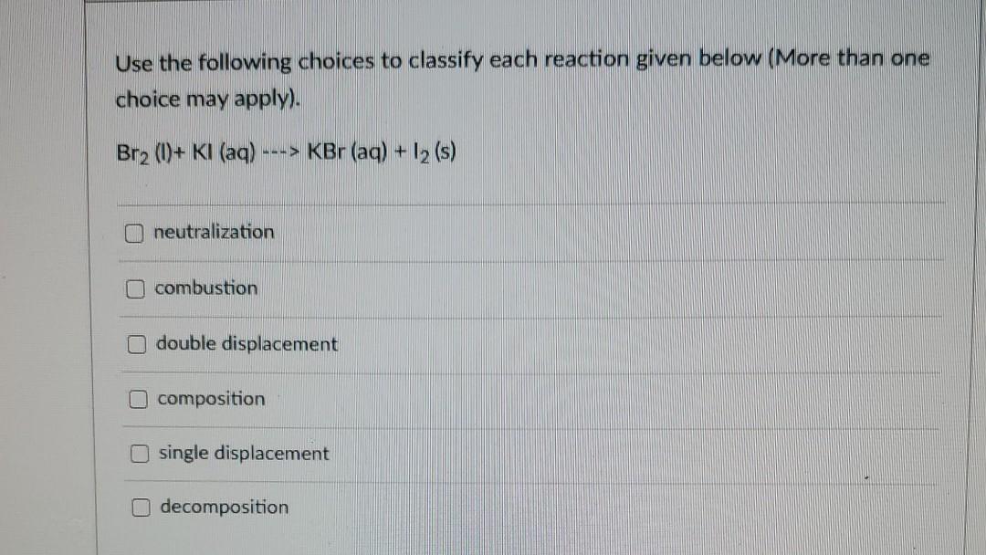 Solved Use the following choices to classify each reaction | Chegg.com