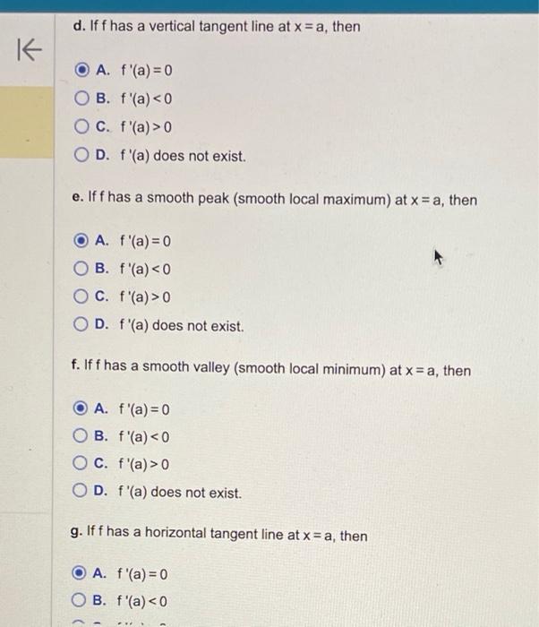 Solved d. If f has a vertical tangent line at x=a, then A. | Chegg.com