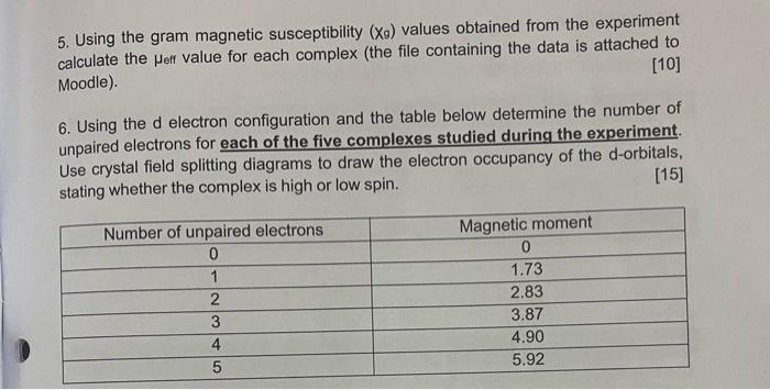 Solved 5. Using the gram magnetic susceptibility (Xg) values | Chegg.com