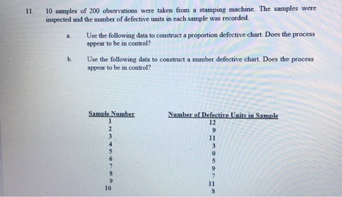 Solved 11. 10 samples of 200 observations were taken from a | Chegg.com