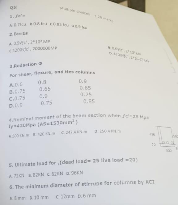Solved Q5: Multiple choices 1. fc'= A. 0.7fcu 8.0.8 fcu | Chegg.com
