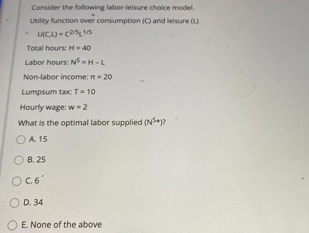 Solved Consider the following labor-leisure choice model. | Chegg.com