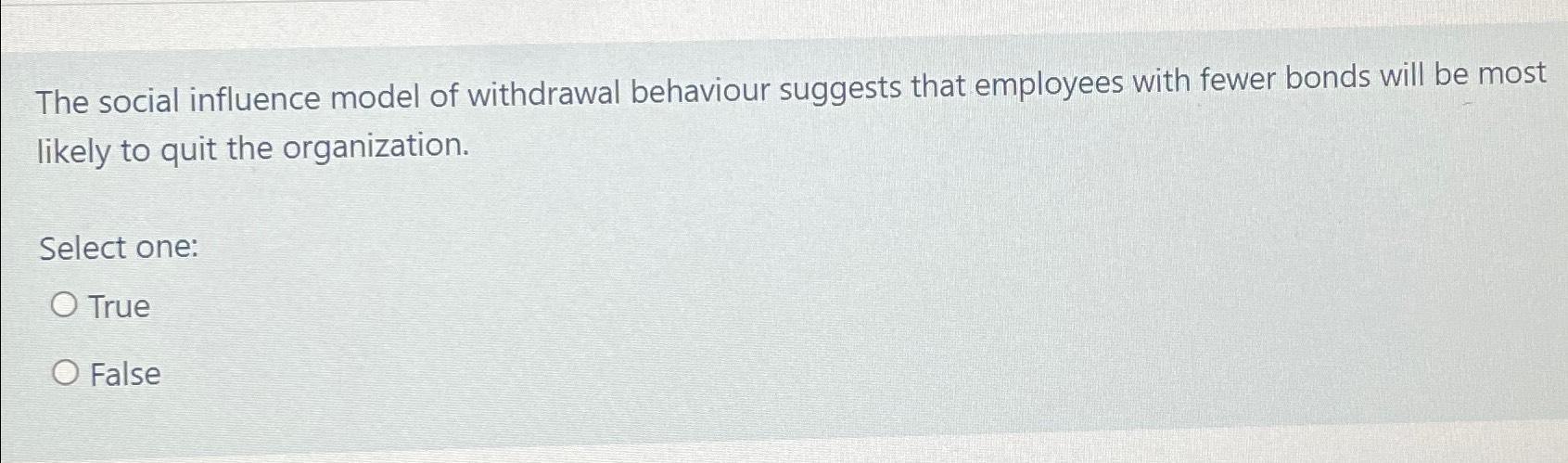 Solved The social influence model of withdrawal behaviour | Chegg.com