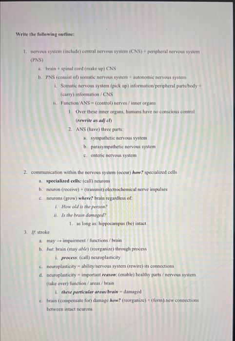 Solved 1. nervous system (include) central nervous system | Chegg.com